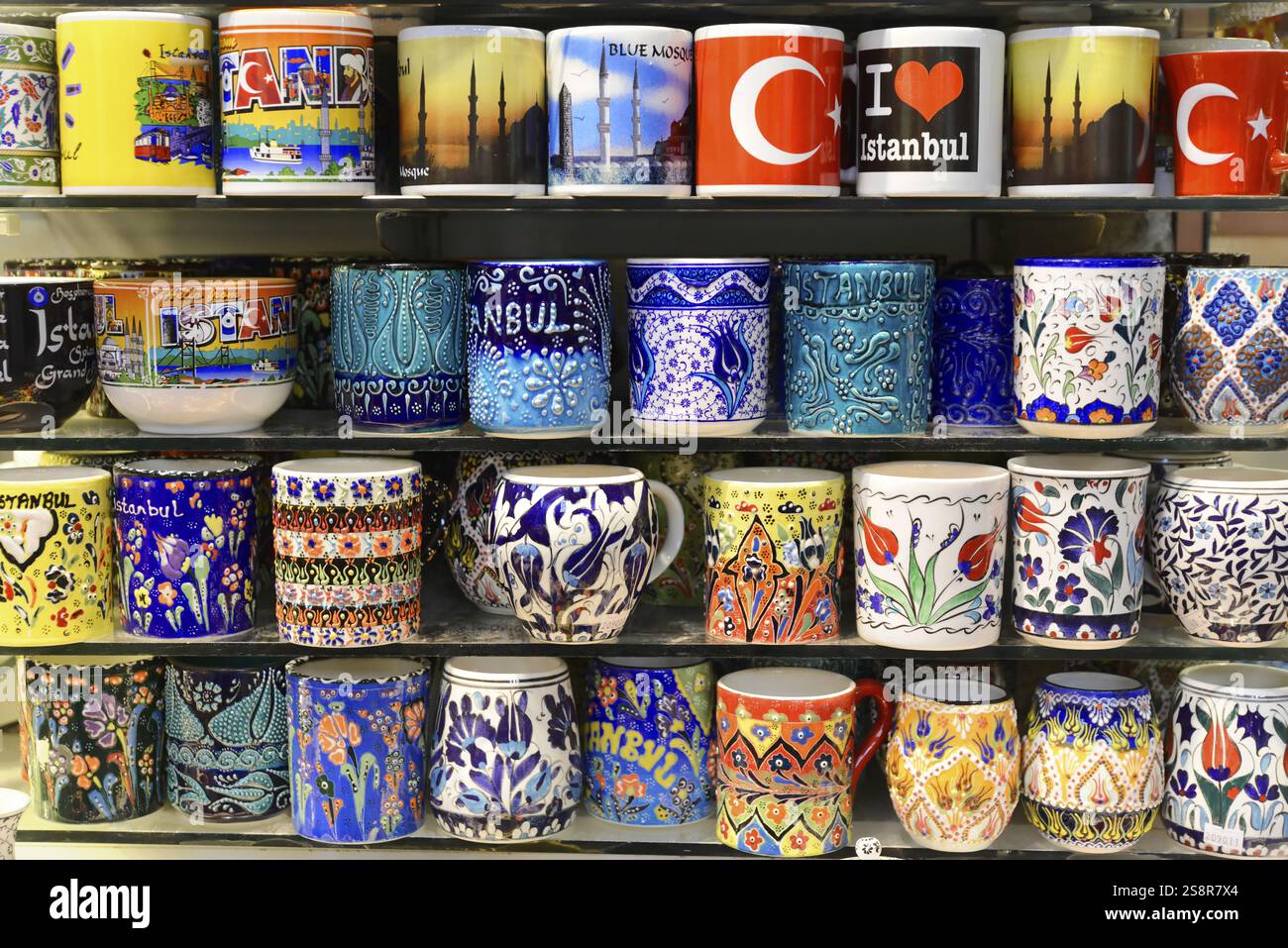 Grand Bazaar, Istanbul, Turkey, Asia, Colourful cups with Istanbul ...