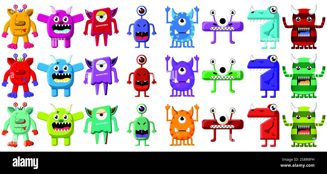 Set of colourful cartoon monsters or aliens isolated on a white ...