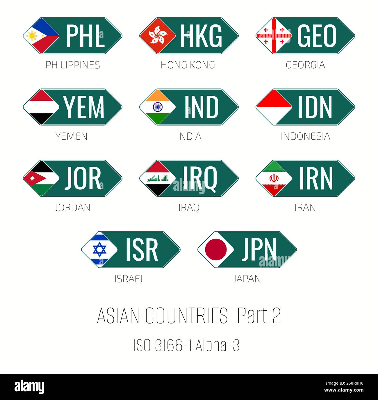 Set of vector illustrations of ISO 3166 1 alpha 3 and flags of Asian ...