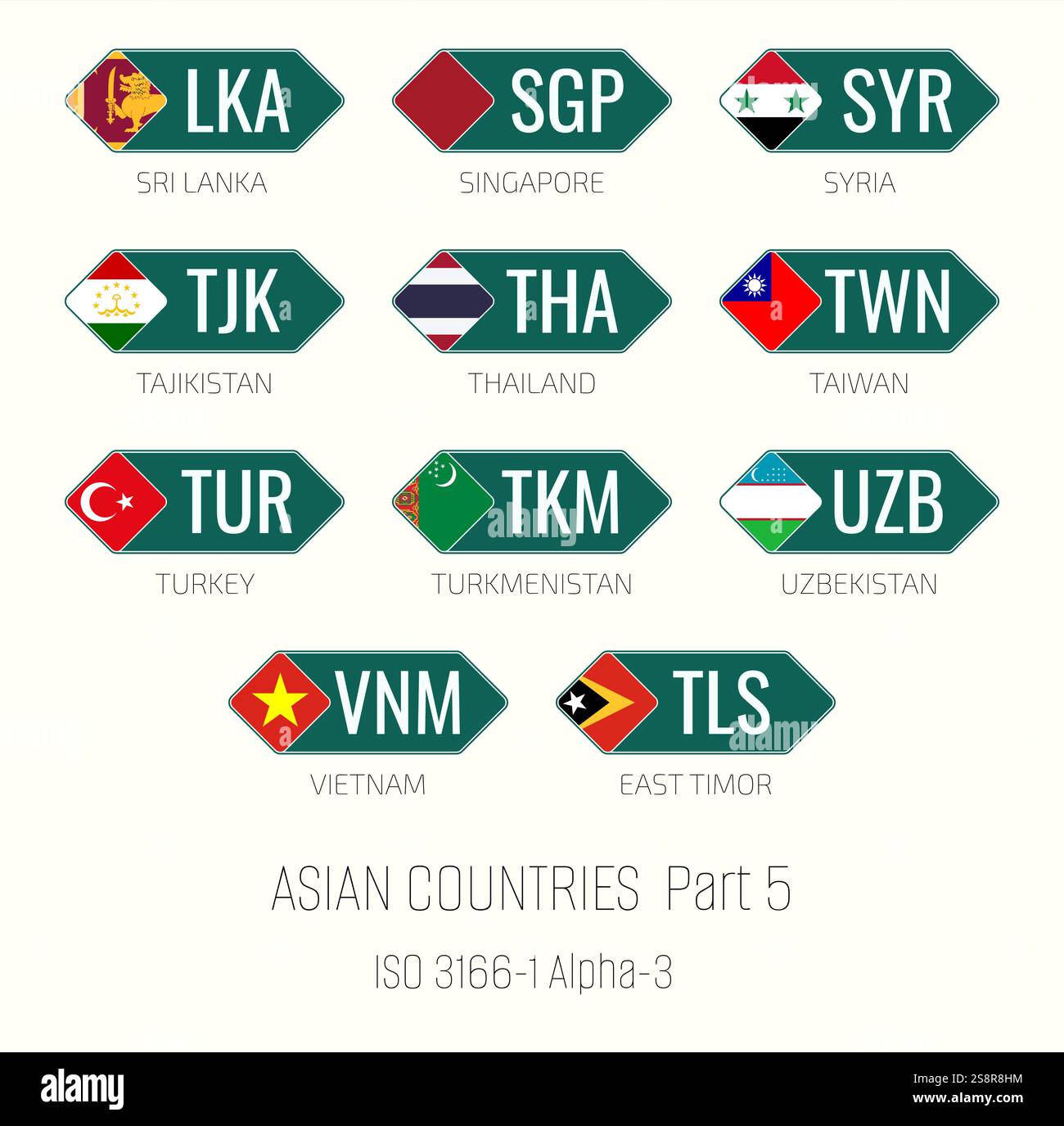 Set of vector illustrations of ISO 3166 1 alpha 3 and flags of Asian ...