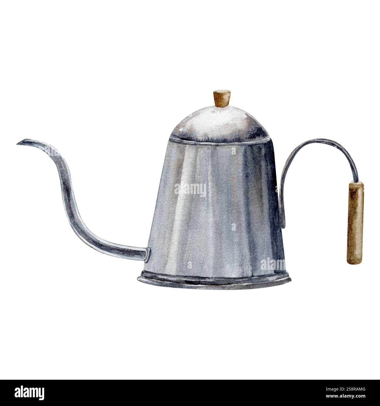 Watercolor illustration with steel kettle with a long thin spout and ...