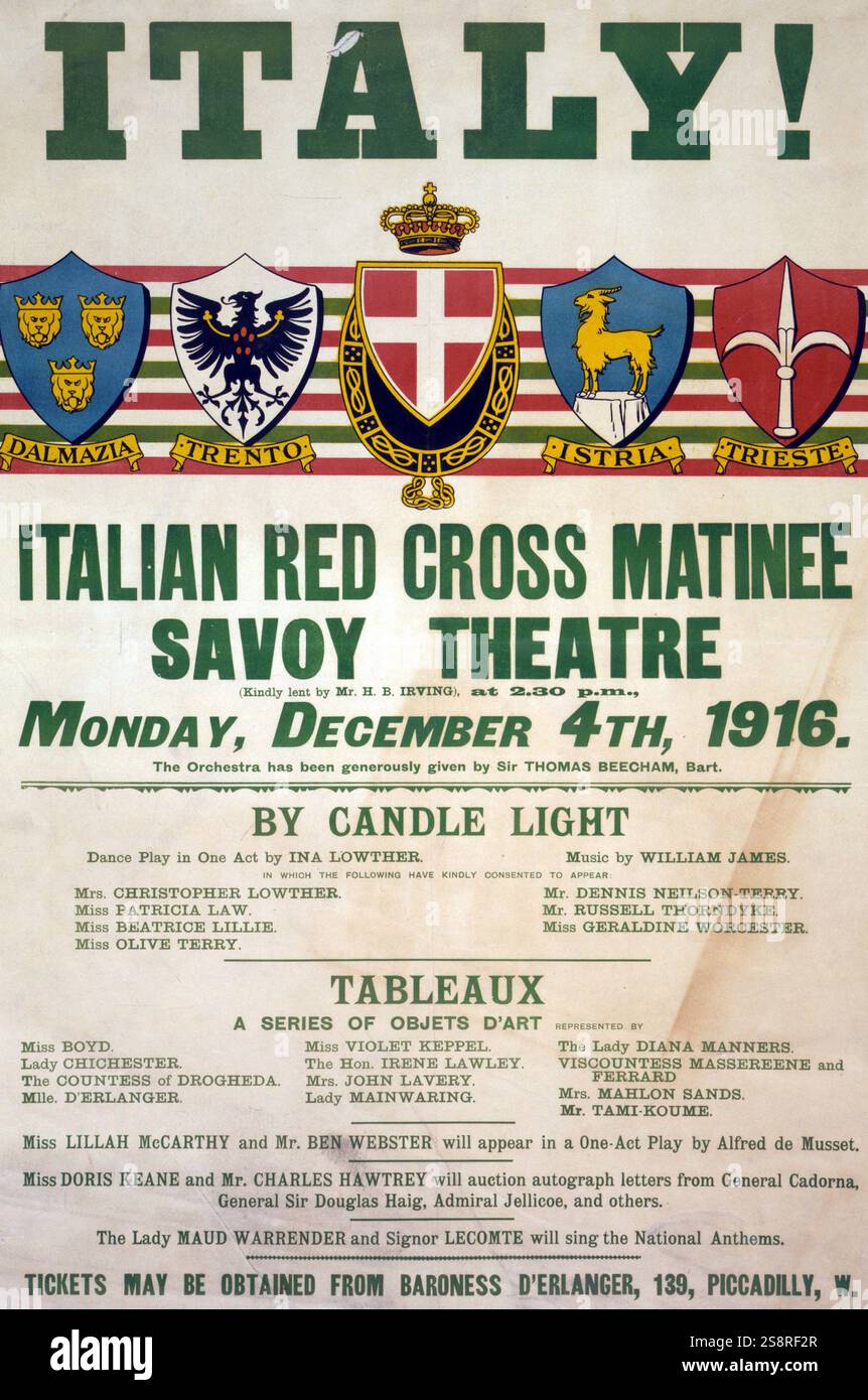 World War I poster showing Italy! Italian Red Cross matinee, Savoy ...