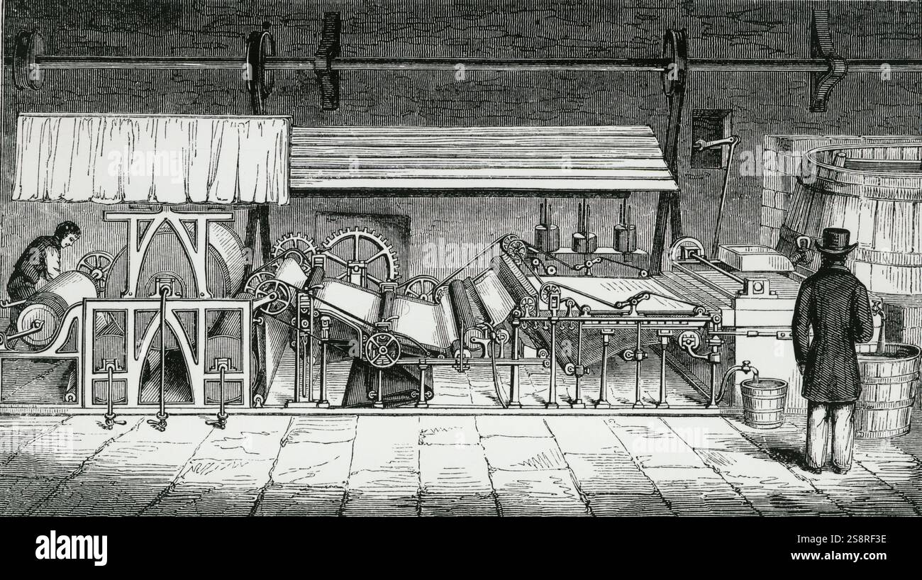 Machine for making continuous roll of paper. Engraving c1845 Stock ...