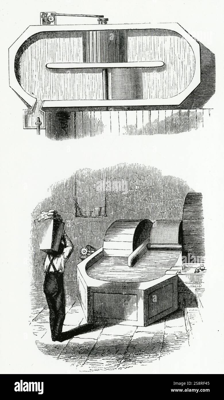 Washing and grinding of rags for making paper. Engraving c1845 Stock ...