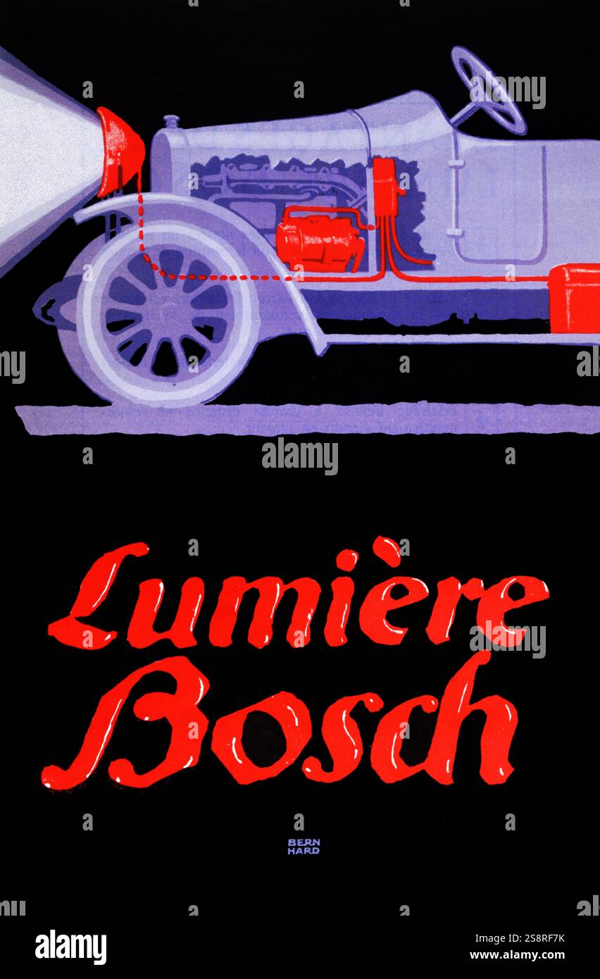 Advertising poster for Bosch lighting showing a car headlight 1913 ...