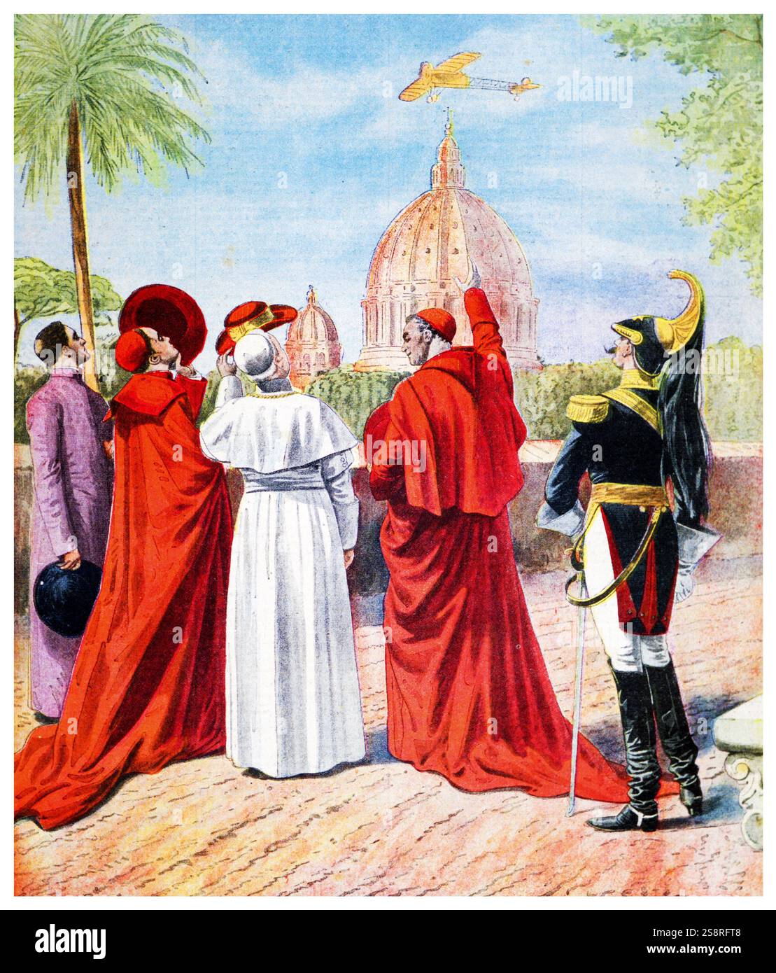 Pope Pius X watching the airplane of Andre Beaumont flying over Rome ...