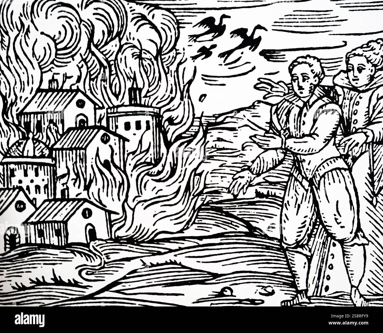 Woodcut print depicting witches setting houses ablaze after being ...