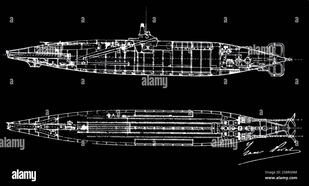 Plans for a submarine designed by Isaac Peral (1851-1895) a Spanish ...