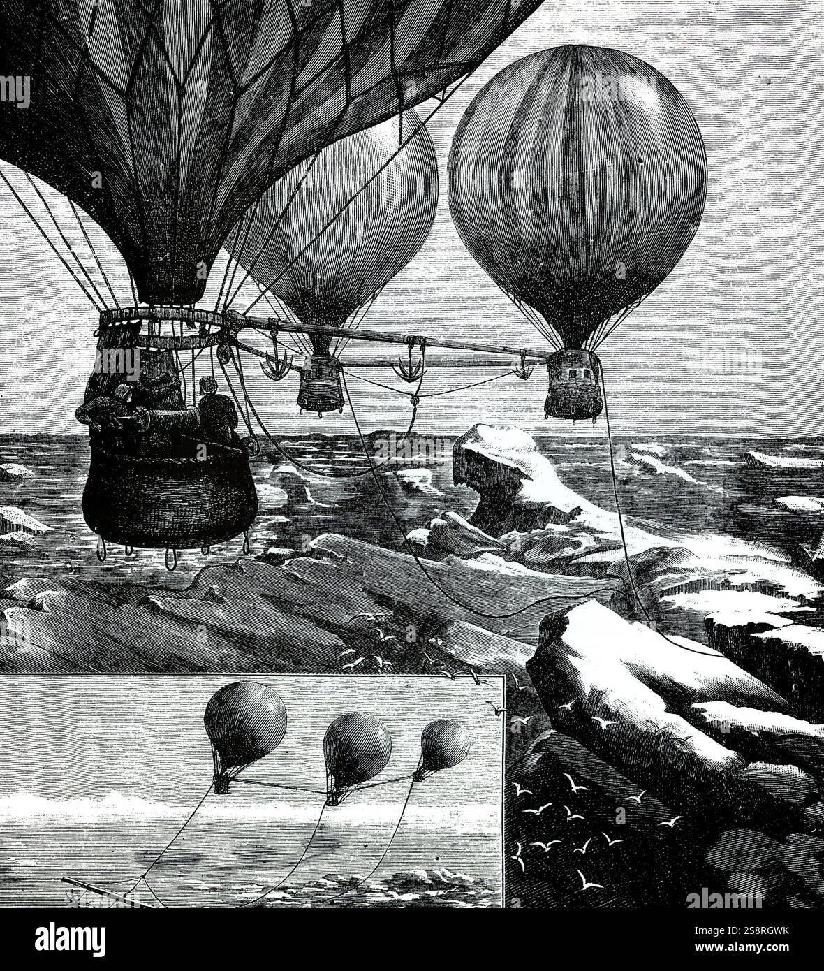 Illustration depicting Henry Tracey Coxwell's plan for a triple balloon ...