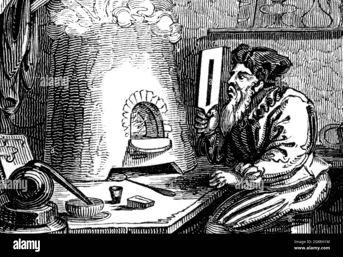 Engraving titled 'An Alchemist' which is possibly Basil Valentine (1394 ...