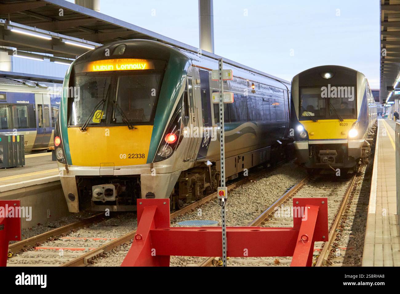 irish rail enterprise service to dublin and northern ireland railways train arriving on platform ...