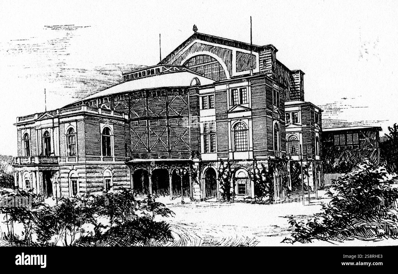 Illustration depicting the exterior of the Bayreuth Festspielhaus, an ...