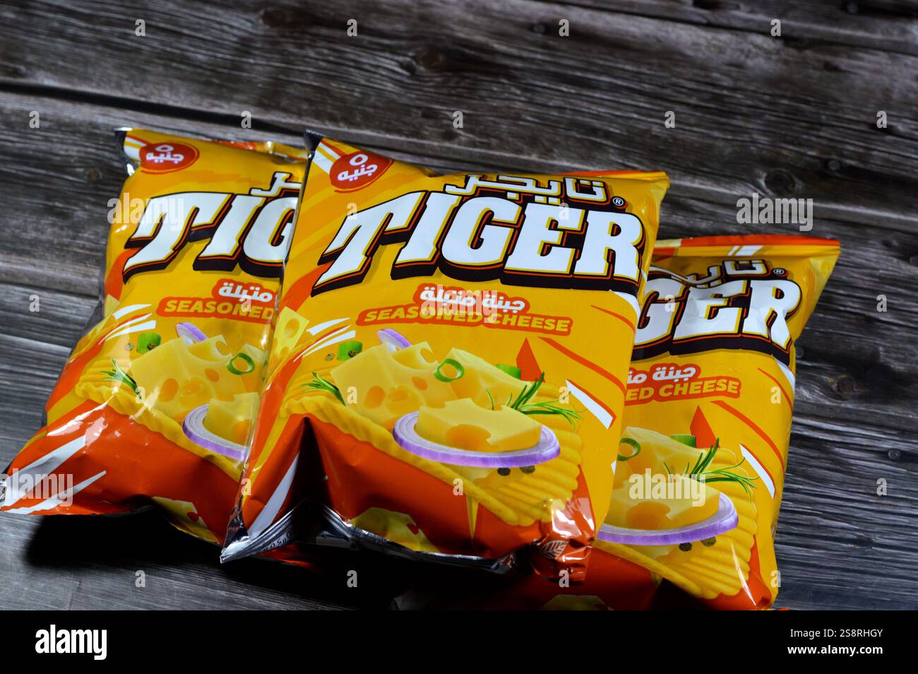 Cairo, Egypt, January 11 2025: Tiger seasoned cheese Potato chips ...