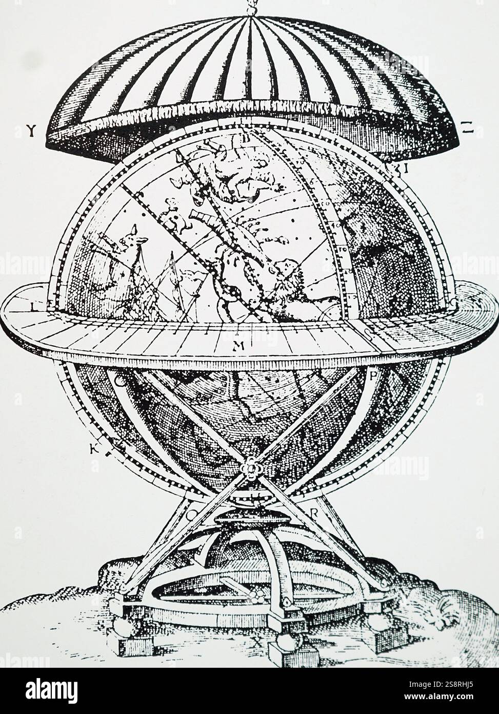 Engraving depicting Tycho Brahe's celestial globe on which he plotted ...