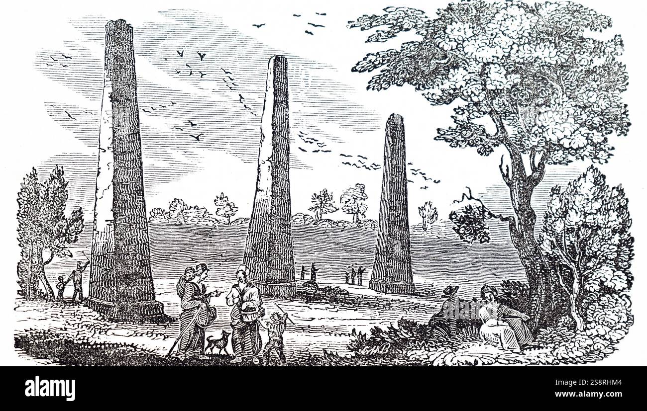 Engraving depicting the Devil's Arrows, three standing stones or ...