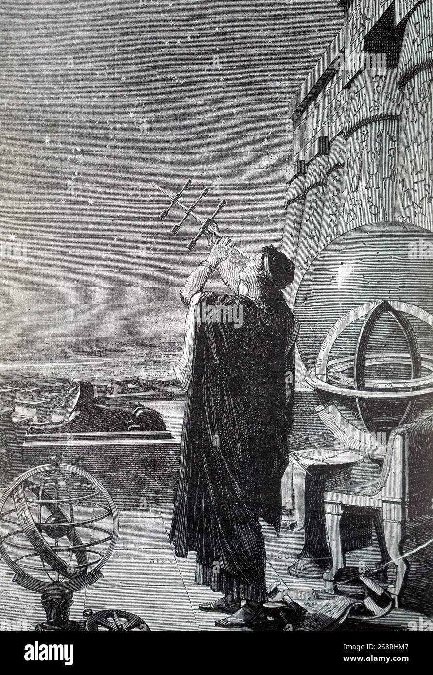 Engraving depicting the use of a cross-staff used to measure altitudes ...