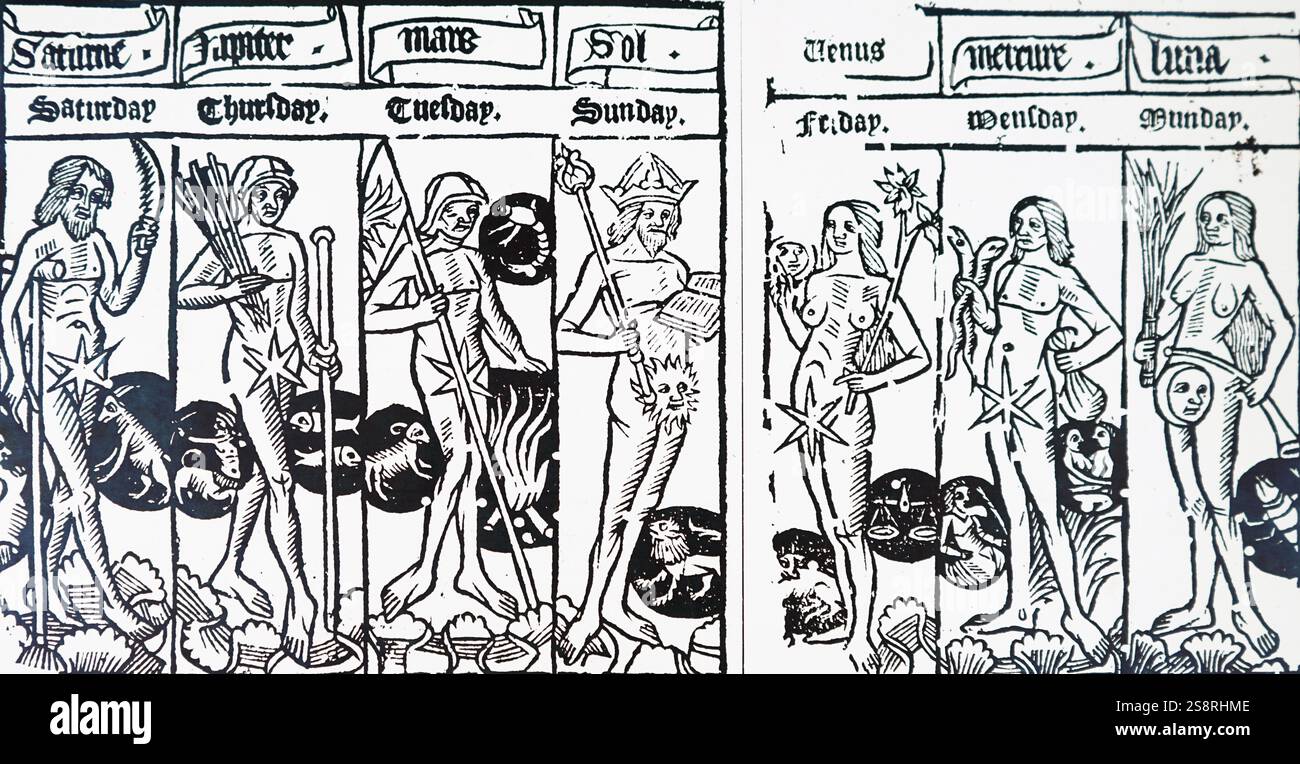 Engraving depicting the days of the week in the order of the supposed ...