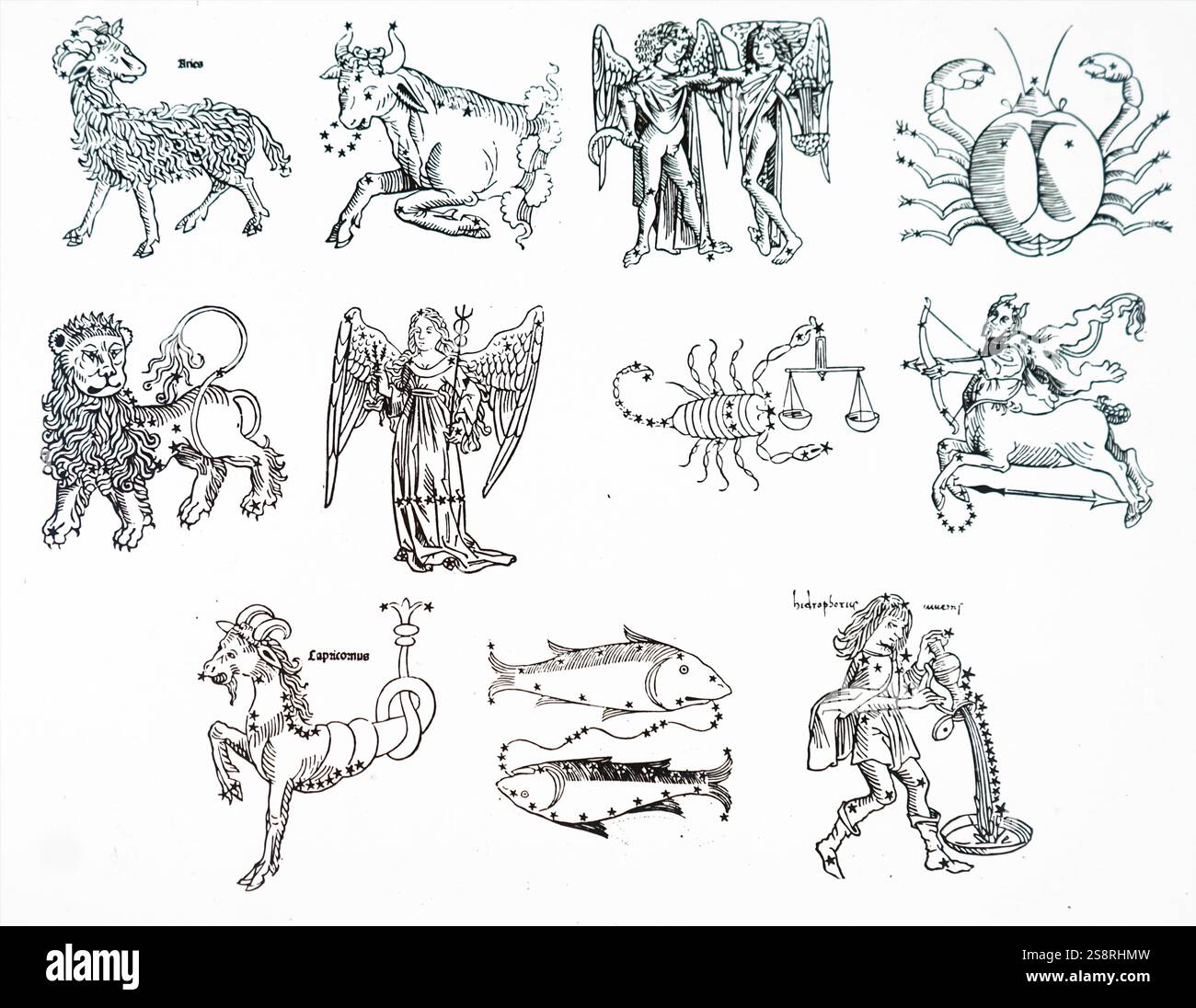 Illustration depicting the 12 Zodiac signs. Dated 15th Century Stock ...