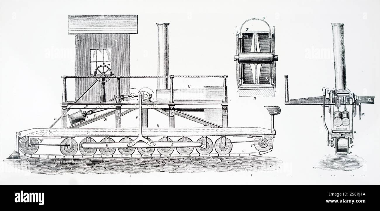 Engraving depicting a steam driven cultivating machine on rubber ...