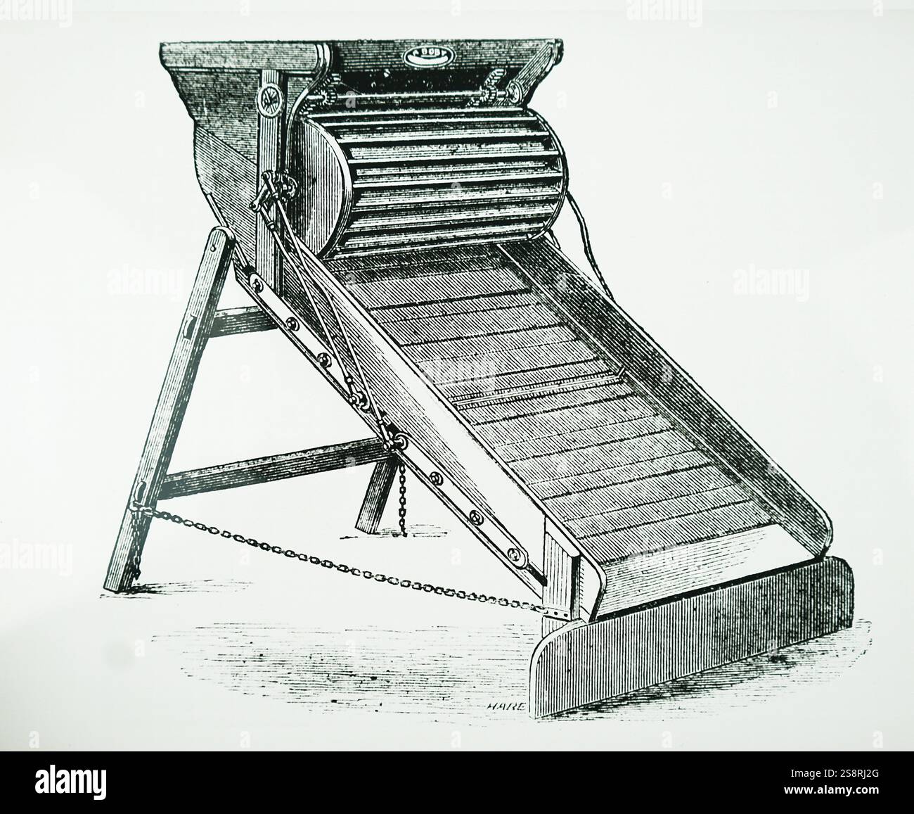 Engraving depicting a corn screener with a self cleaning action. Dated ...