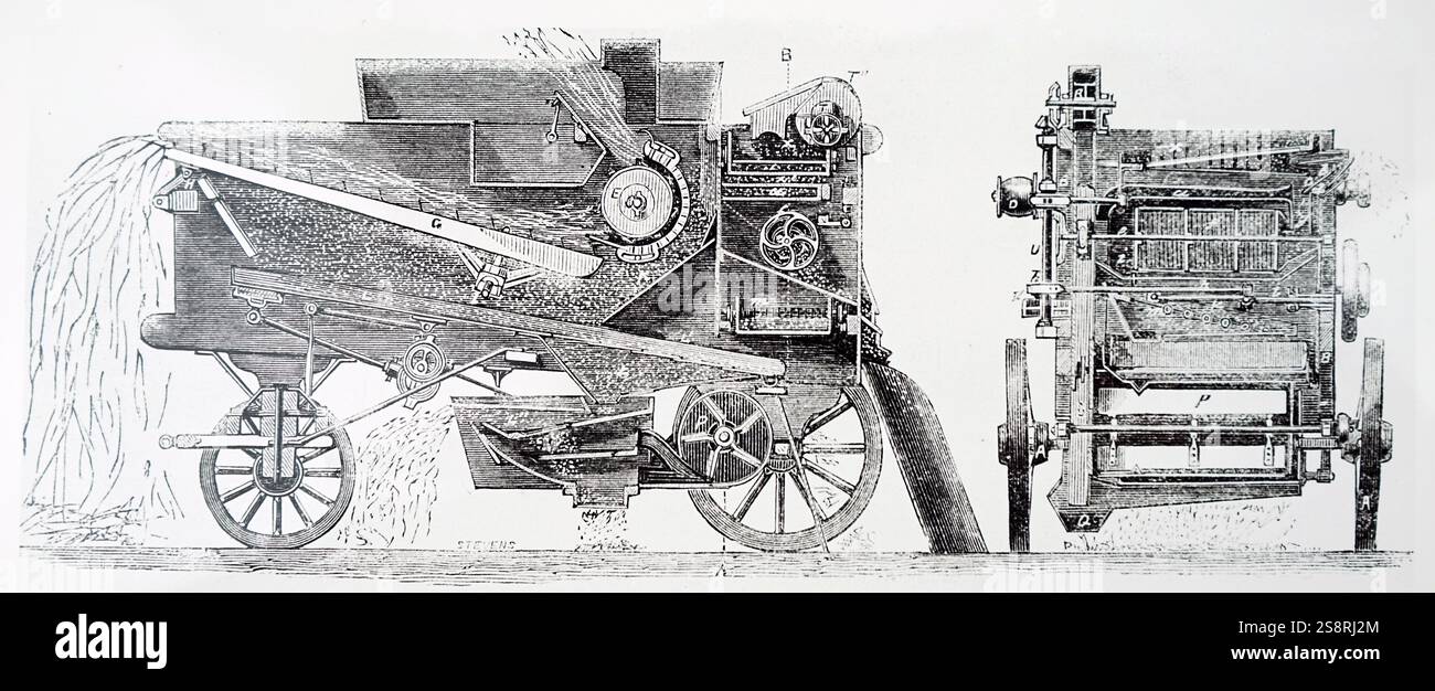 Engraving depicting a threshing and corn dressing machine. Dated 19th ...