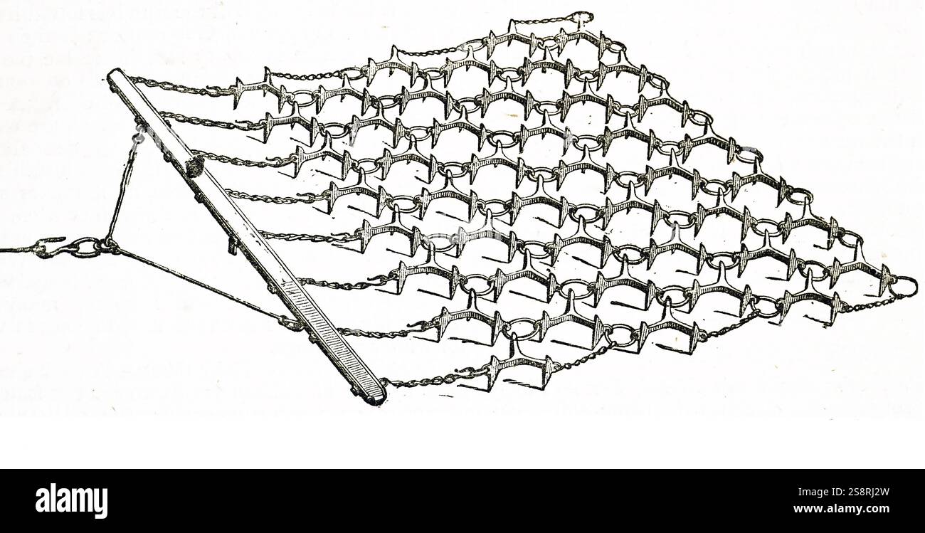 Engraving depicting a chain harrow which would be used to implement the ...