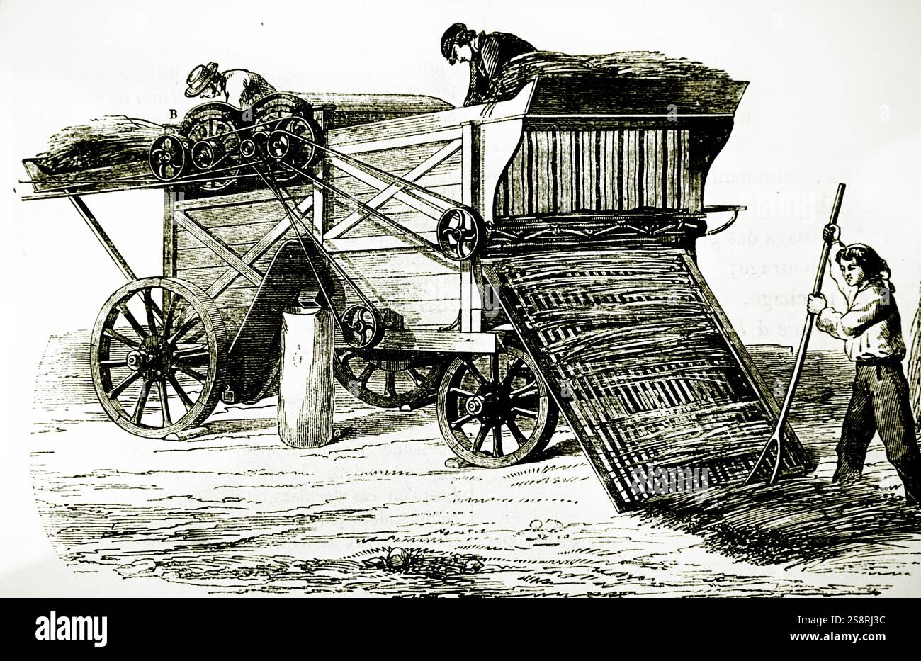 Engraving depicting a steam-driven threshing machine. Dated 19th ...