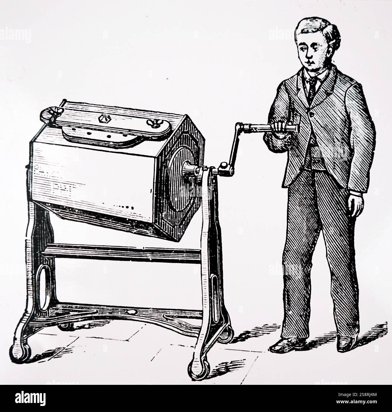 Engraving depicting Taylor's hand-powered eccentric butter churn. The ...