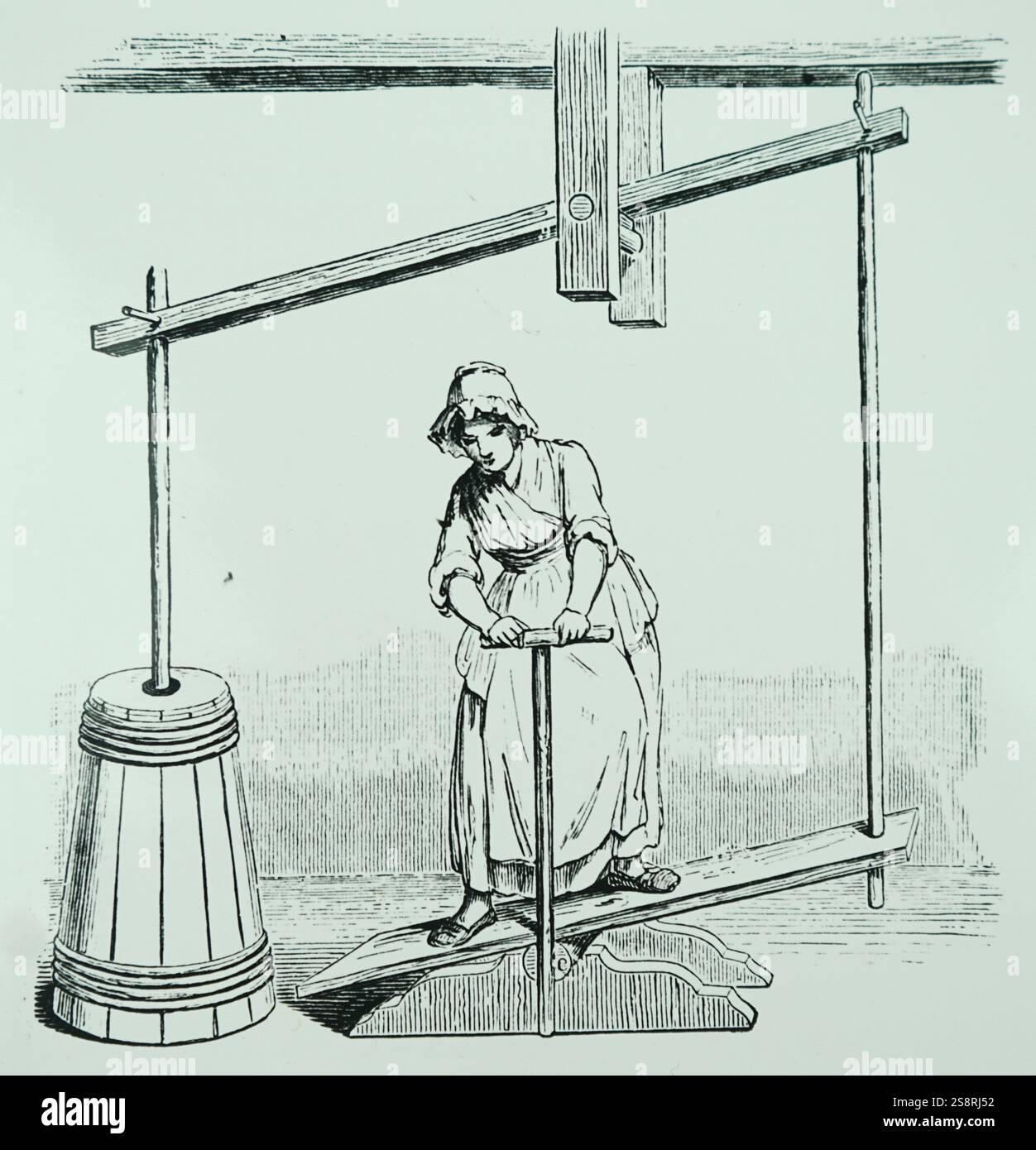 Engraving depicting the use of a see-saw type of vertical butter churn ...