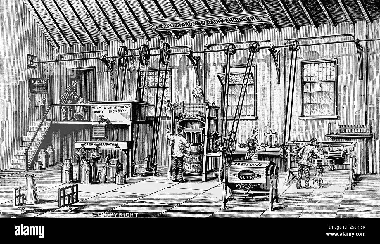 Engraving depicting a model butter factory, where the machinery was ...