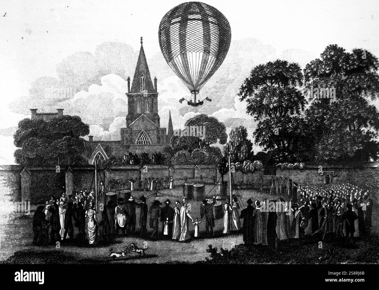 Engraving depicting James Sadler making a balloon ascent from fields ...