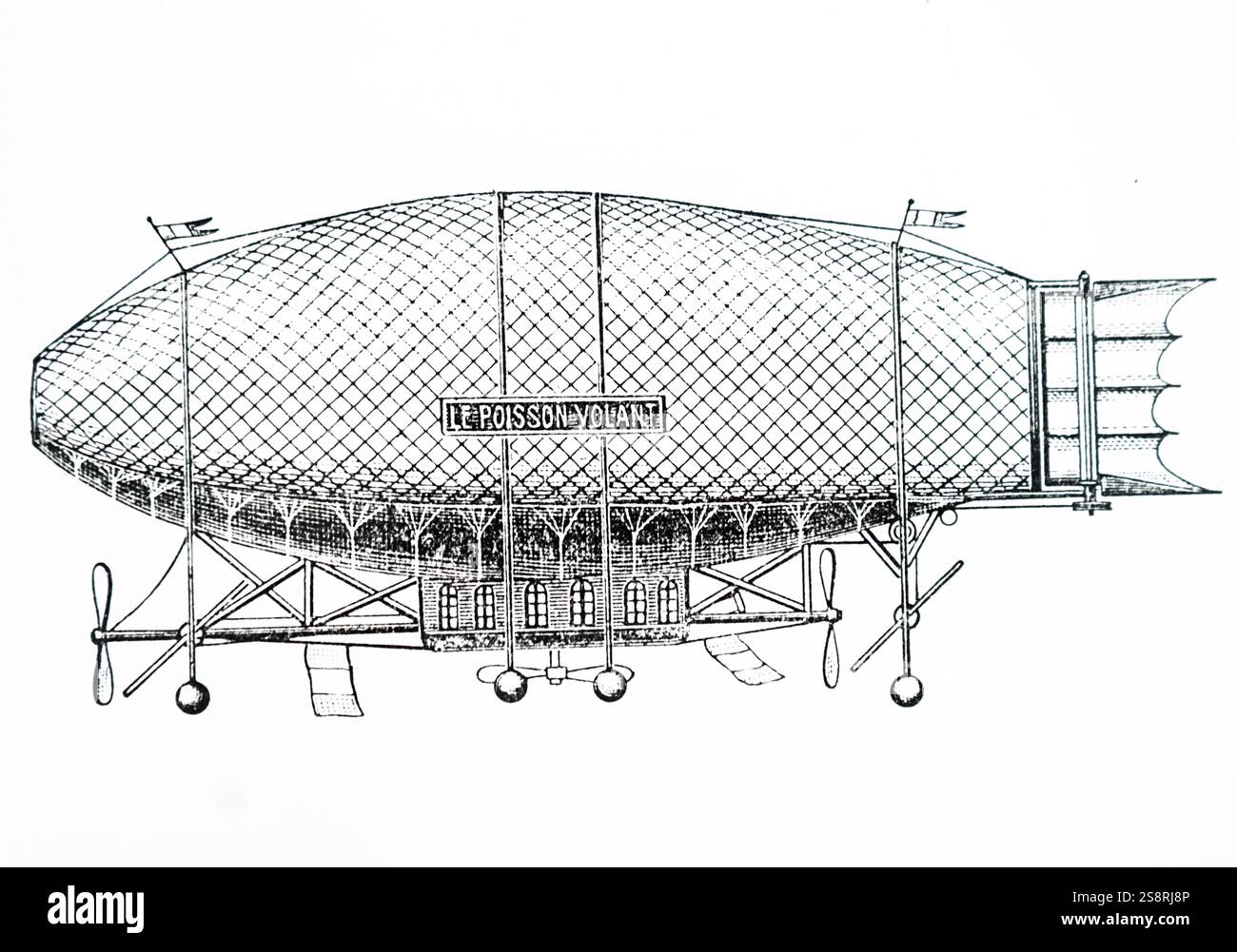 Engraving depicting Camille Vert's 'Flying Fish' balloon, powered by a ...