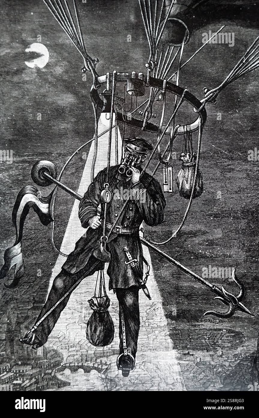 Engraving depicting George Rudek's saddle balloon fitted with ...