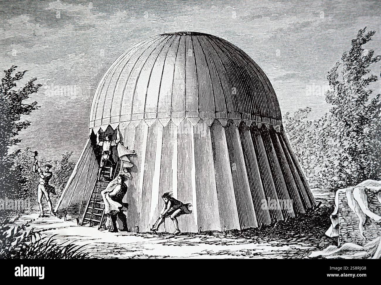 Engraving depicting Coutelles' balloon tent to stop a high wind taking ...