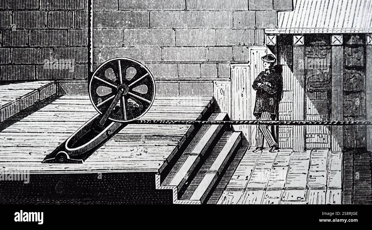Engraving depicting a paying-out machinery and pulley of Giffard's ...