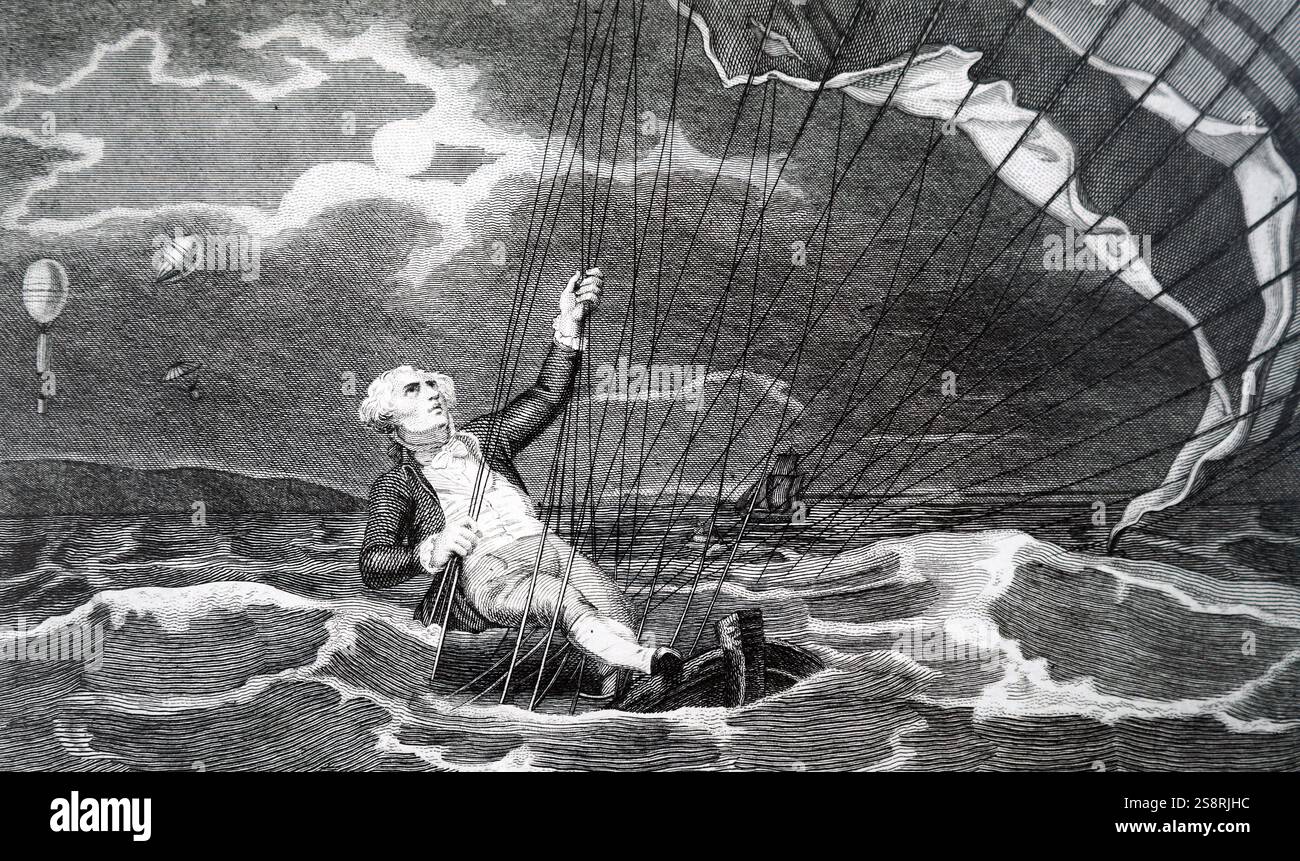 Engraving depicting the ballooning accident of General John Money (1752 ...