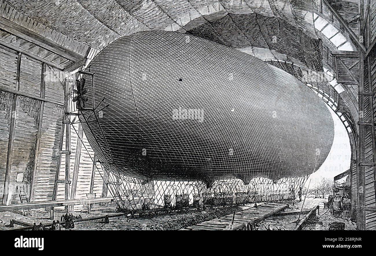 Engraving depicting a French air-ship in it's hanger. Dated 19th ...