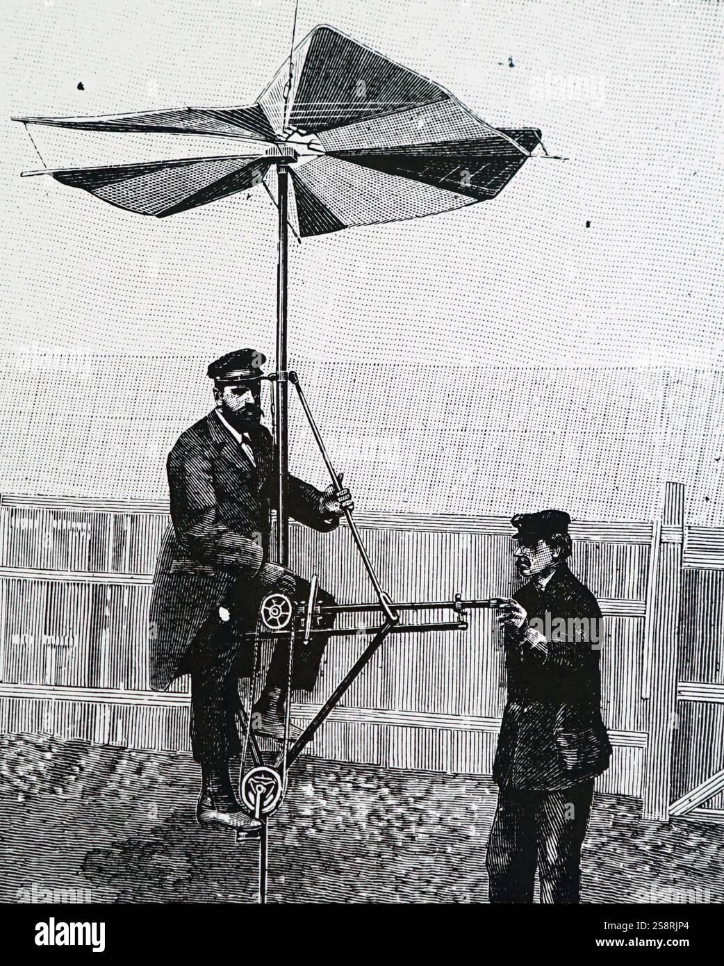 Engraving depicting a pedal driven helicopter. Dated 20th Century Stock ...