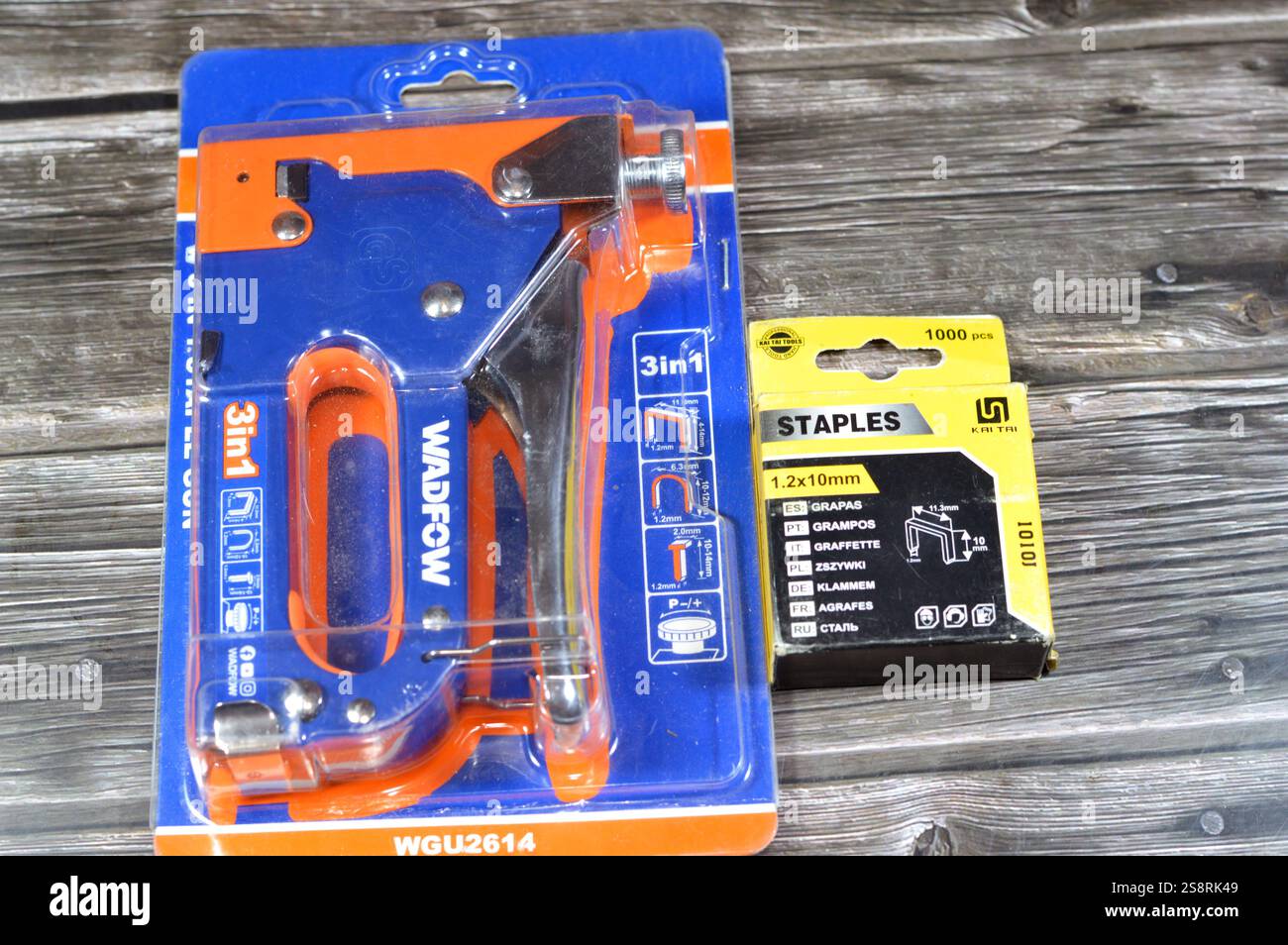 Cairo, Egypt, January 11 2025: Wadfow manual staple gun and staples ...