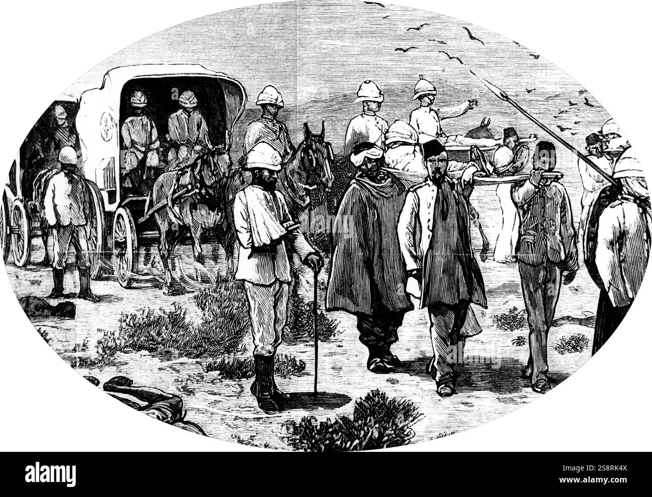 Engraving depicting The Red Cross collection the wounded British after ...