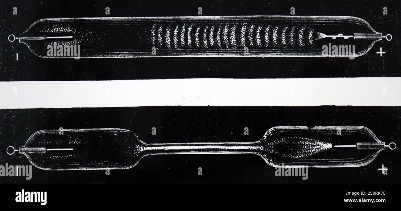 Engraving depicting a Geissler tube, an early gas discharge tube used ...