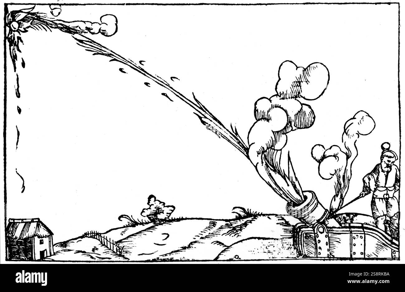 Engraving depicting the trajectory of a cannon ball shown as a ...