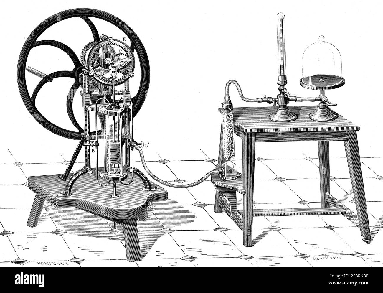 Engraving depicting a typical 19th century air pump. Dated 19th Century ...