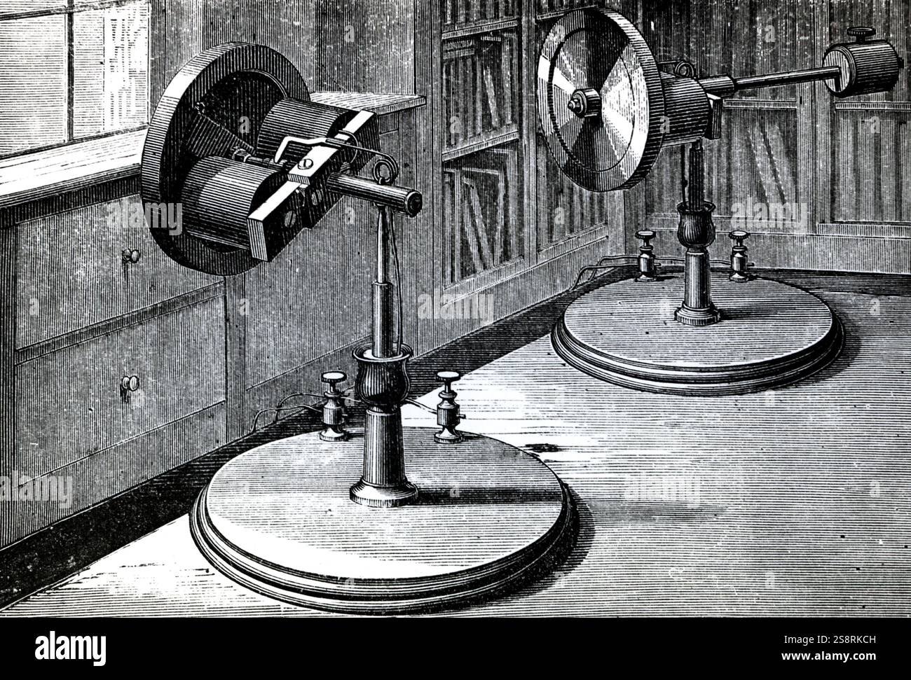 Engraving depicting an electric gyroscope, a device consisting of a ...