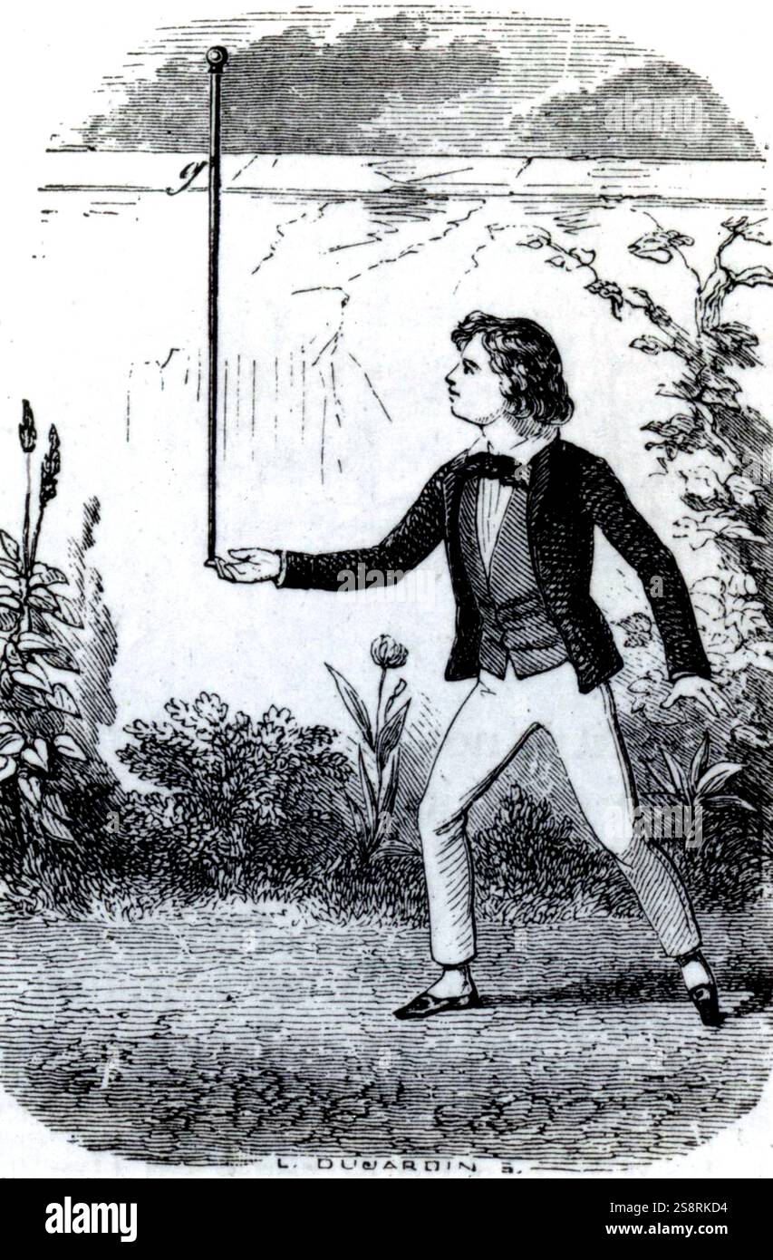 Engraving depicting a young man demonstrating equilibrium of body with ...