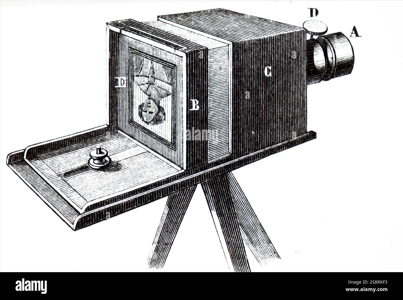 Engraving depicting a camera used to take daguerreotype photographs ...