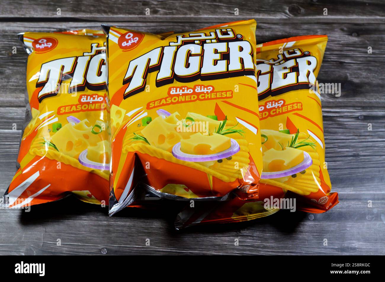 Cairo, Egypt, January 11 2025: Tiger seasoned cheese Potato chips ...
