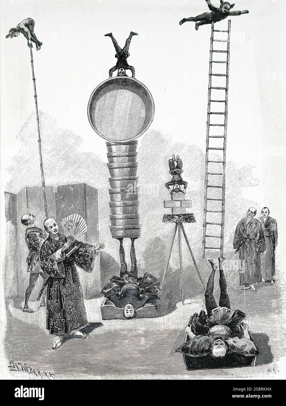 Engraving depicting Japanese jugglers using the centre of gravity to ...