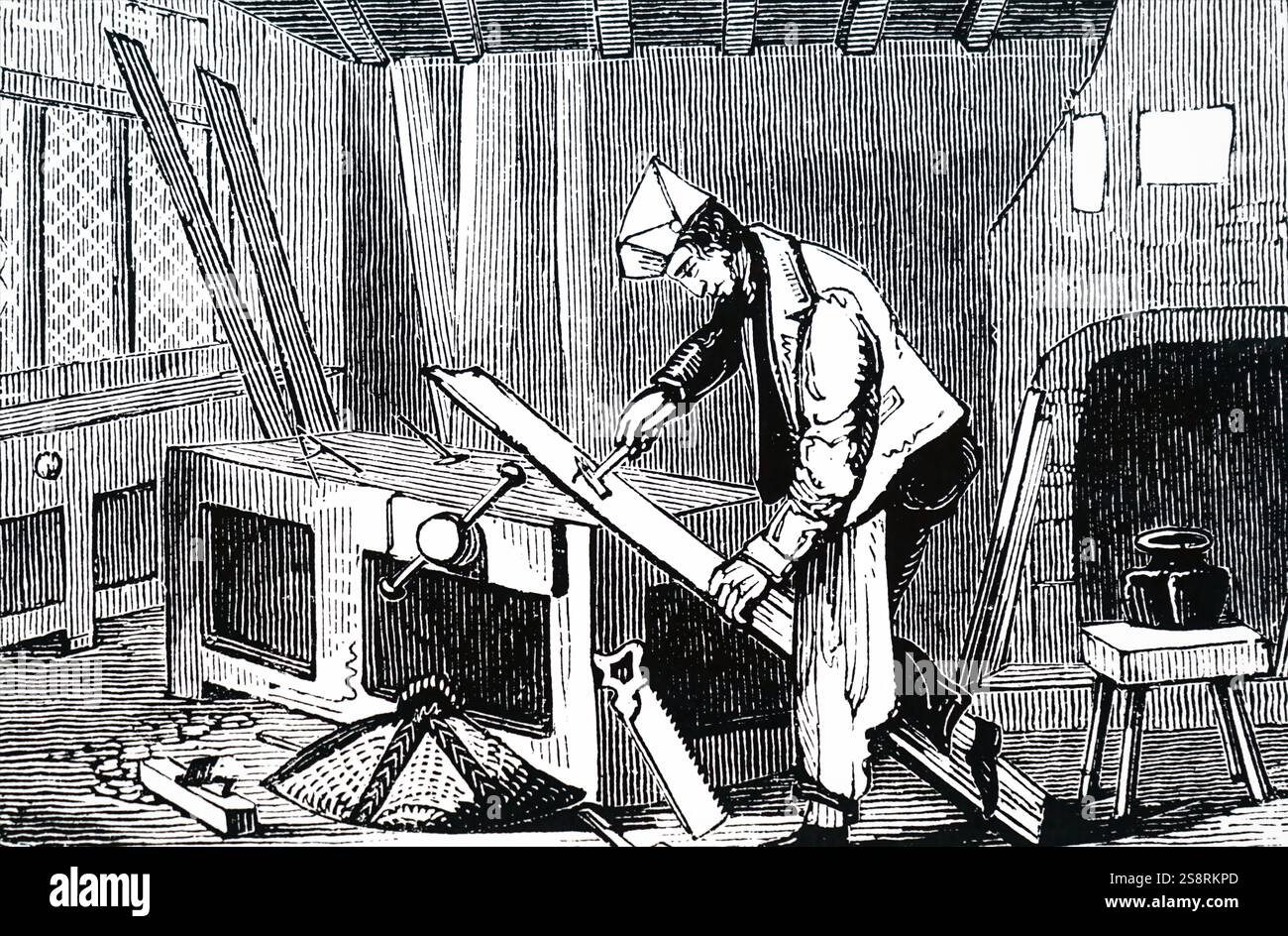Engraving depicting a carpenter drawing a nail from a plank using a ...
