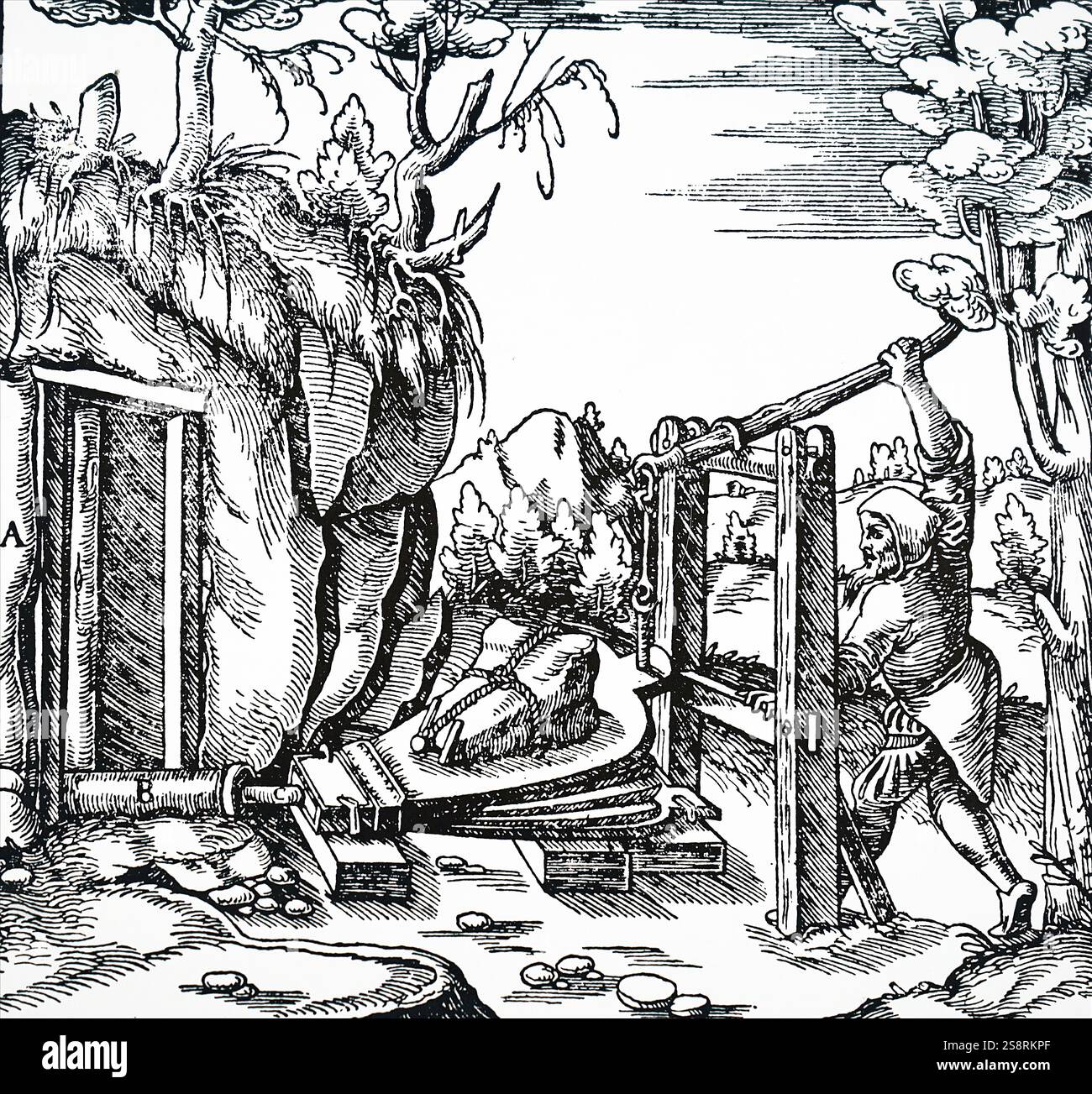 Engraving depicting the use of a lever to work bellows ventilating a ...